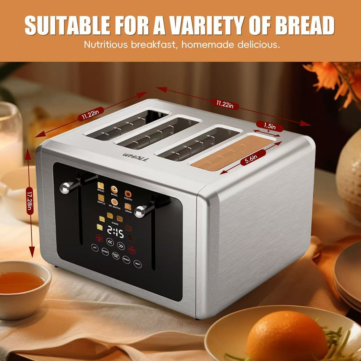 WHALL® Touch Screen Toaster 2 Slice | Stainless Steel, Digital Timer ...