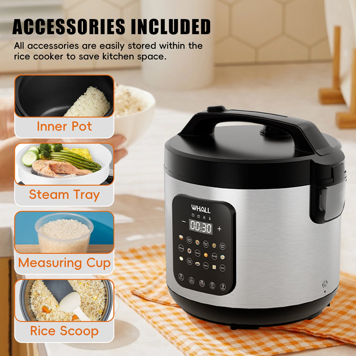 WHALL Digital Rice Cooker 10-Cup (Uncooked) / 20-Cup (Cooked), Steamer ...